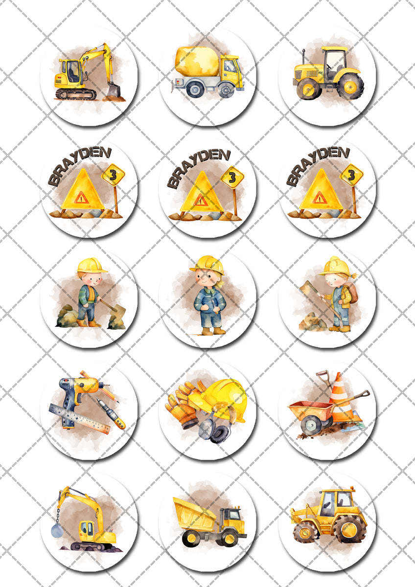 Construction Themed Edible Cupcake or Cookie Toppers – Deezee Designs
