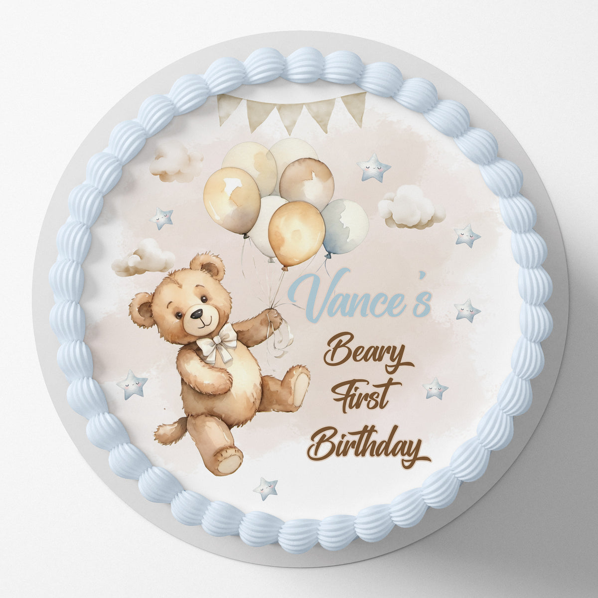Beary First Birthday Cute Teddy Bears Bear Pre-cut Round Edible Cake ...
