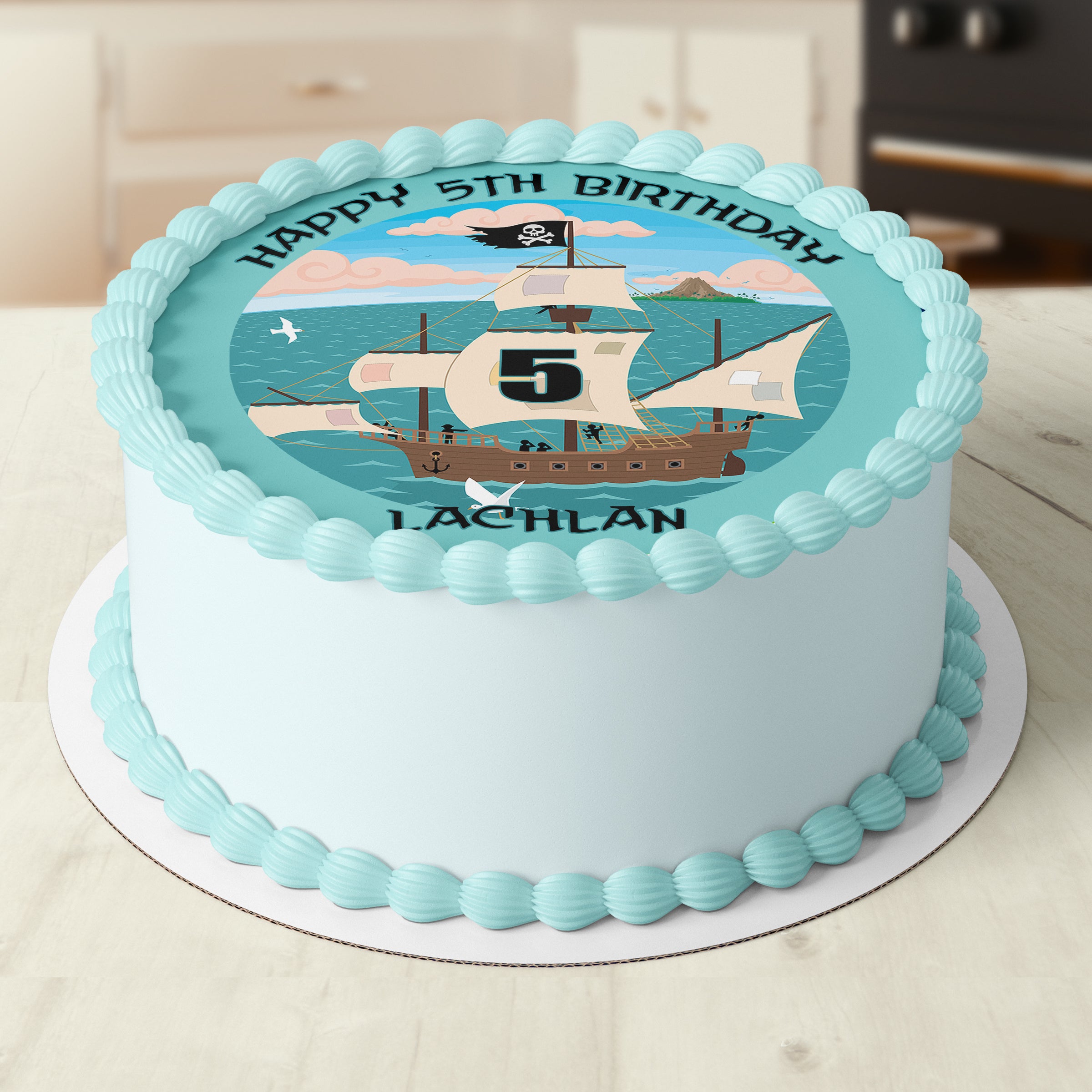 Pirate Ship Pre-cut Round Edible Icing Cake Topper – Deezee Designs