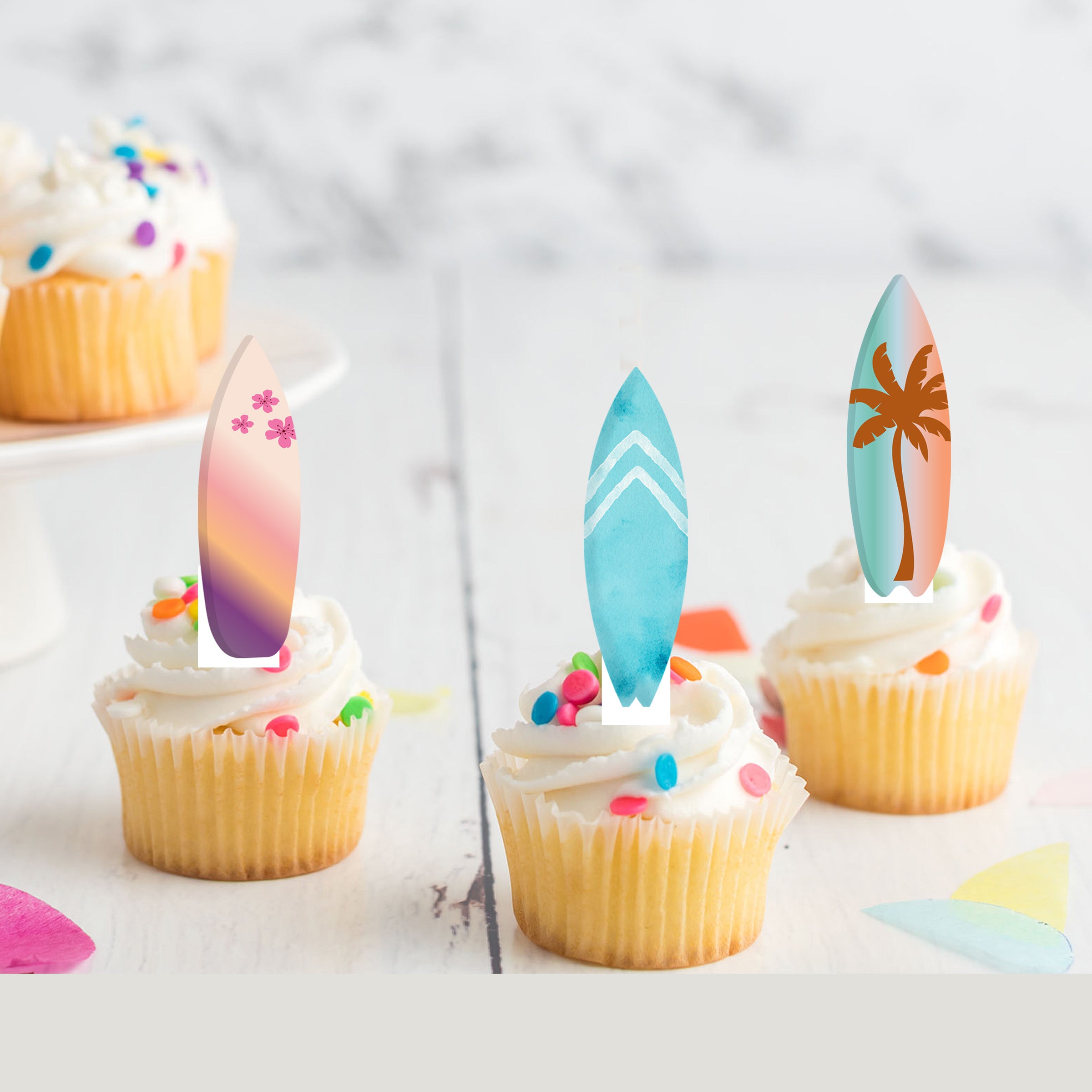 Surfboard Surfer Pre-cut Edible Stand Up Wafer Card Cupcake Toppers ...