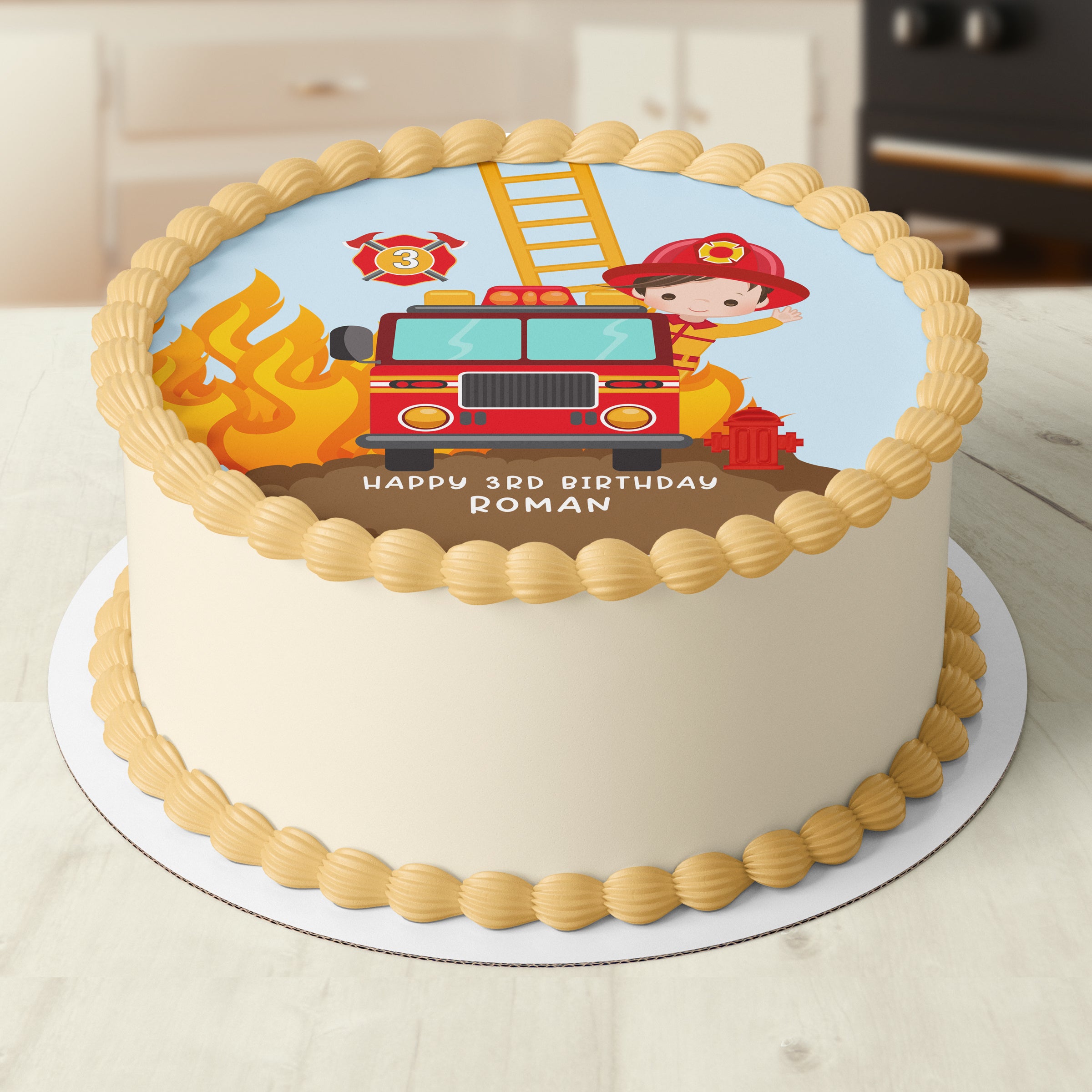 Fireman Firetruck Pre-cut Round Edible Icing Cake Topper – Deezee Designs